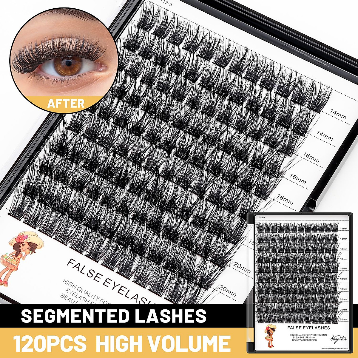 Vayator Mixed Size Kit with Applicator and Lash Bond & Seal 8-14mm/10-16mm/14-20mm Mix D Curl/DD Curl Makeup Cluster Grafting Eyelashes Individual Extension (C#8-10-12-14mm Mixed)