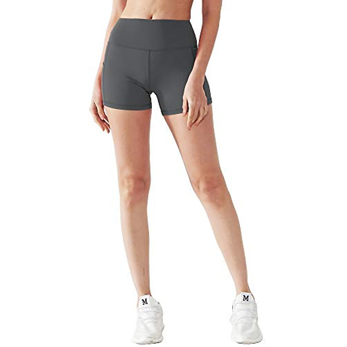 CADMUS Women's High Waist Yoga Shorts Spandex Running Side Pockets, 16#, Navy & Grey & Black,Medium