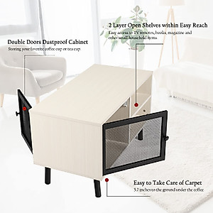 LTMEUTY Coffee Table for Living Room, Mid-Century Modern Coffee Table with Double Mesh Doors & Open Storage Shelves, Wood and Metal Cocktail Table, Accent Furniture, White Wood Grain