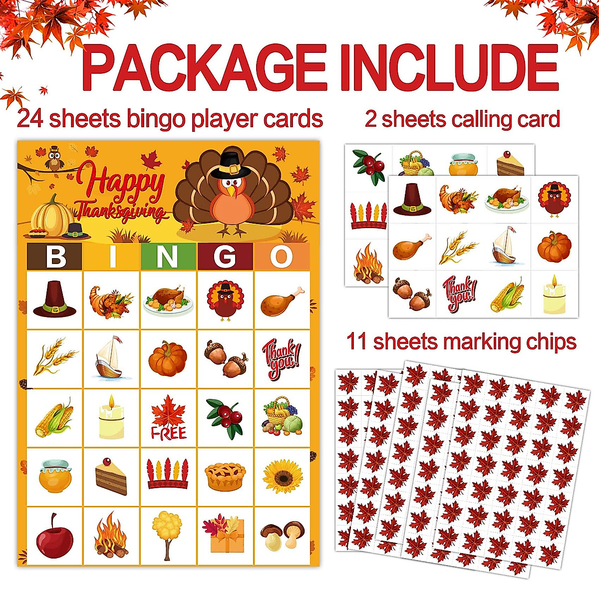 Thanksgiving Bingo Game - 24 Player Turkey Cards for Family, School, Party Activities