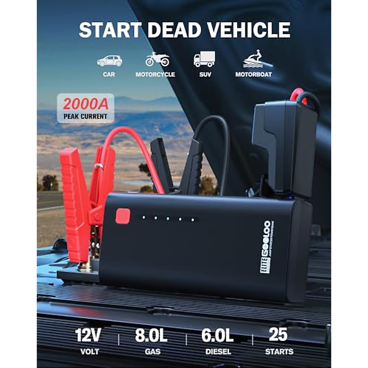 GOOLOO Jump Starter GE1200 2000A Peak Portable Jump Starter Battery Pack for Up to 8.0L Gas or 6.0L Diesel Engine with USB Quick Charge and LED Light, SuperSafe 12V Lithium Car Starter