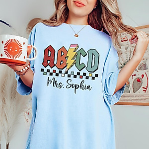 Personalized Rock ABCD Shirt - Retro Custom Teacher Name ABCD T-Shirt, Back to School Gift XL Ash