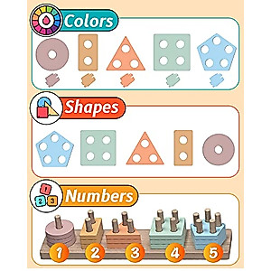 Montessori Toys for 1 2 Year Old Boy and Girl, Shape Sorter Wooden Toys for Toddlers 1-3, Toddler Toys age 1-2, 1 2 Year Old Girl Boy Gifts,Sorting and Stacking Education Preschool Toys - Coffee