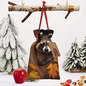 RLDOBOFE Christmas Gift Bags With Drawstring Raccoon in The Fall Tree Hole Christmas Burlap Gift Bag Christmas Drawstring Bag for Halloween Xmas Candy Bags Reusable Xmas Present Bags for Party