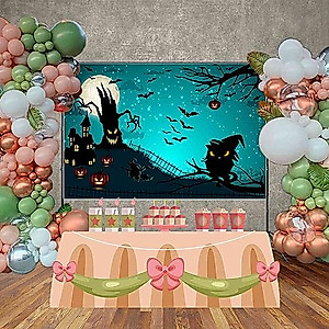 MOONDECO Photography Backdrop 7x5ft Halloween Party Props Black Tree Spider Owl Shadow Background Kids Pumpkin Lamp Ghost Fire Fly Bat Photo Booth