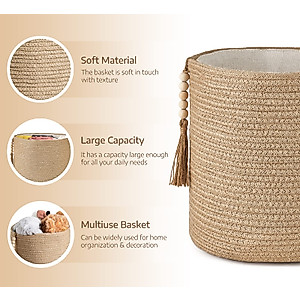 Mkono Storage Baskets Set of 3 Small Woven Cubes Bins Basket Organizer Decorative Wooden Beads Tassel 11" Jute Rope Shelf Baskets Home Decor for Living Room Closet Organizing Nursery Bedroom