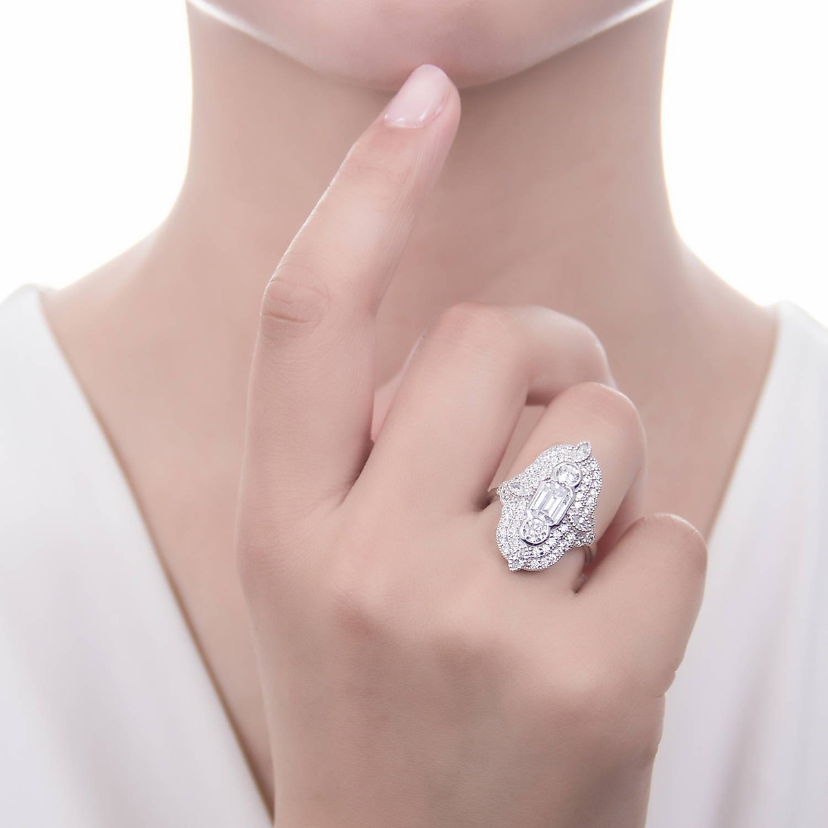 BERRICLE Sterling Silver Art Deco Cubic Zirconia CZ Statement Milgrain Cocktail Fashion Ring for Women, Rhodium Plated Size 5