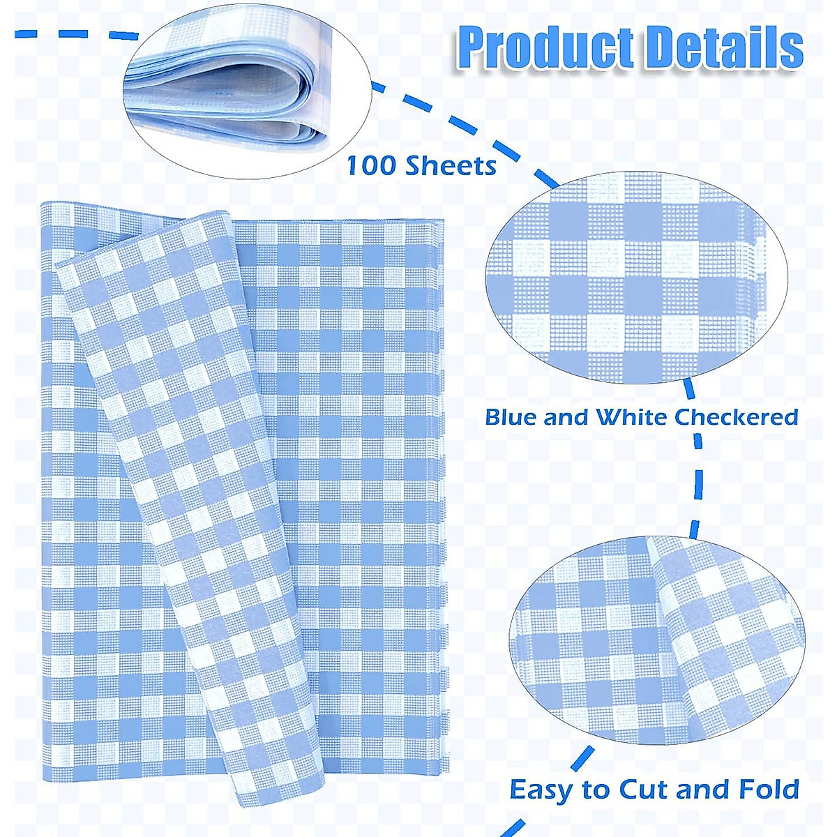 MUNILAIL 100 Sheets Gingham Tissue Paper 14 x 20 Inches Light Blue and White Checkered Tissue Paper for Gift Bags Bulk Wrapping Paper Gift Paper Tissue for Birthday Gift Packing Crafts