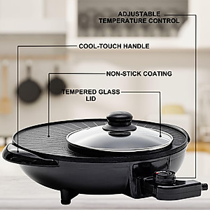OVENTE Electric Hot Pot and Grill Combo, 2-in-1 Portable Countertop Cooker with Temperature Control Perfect for Korean BBQ, Shabu Shabu and Soup with Free Strainer, Chopsticks and Tong, Black GH10133B
