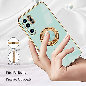 Compatible for Huawei P30 Pro Case Ring Holder Magnet Silicone, Huawei P30 Pro Phone Case Thin Protective Case Aesthetic Black 360° Rotatable Metal Stand (Green)
