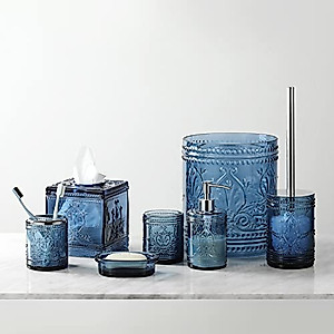 4PCs Dark Blue Glass Bathroom Accessories Set with Decorative Pressed Pattern - Includes Hand Soap Dispenser & Tumbler & Soap Dish & Toothbrush Holder