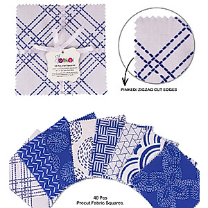 Soimoi Japanese Sashiko Print Precut 5-inch Cotton Fabric Quilting Squares Charm Pack DIY Patchwork Sewing Craft- White & Blue