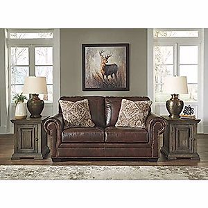 Signature Design by Ashley Roleson Traditional Leather Loveseat with Nailhead Trim and 2 Accent Pillows, Brown