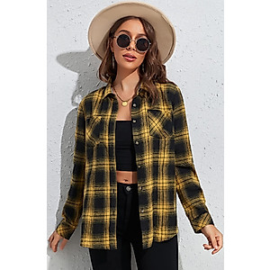KevaMolly Plaid Long Sleeve Flannel Shirts for Women Loose Fit Boyfriend Button Down Shirt Casual Flannel Blouse Tops Black Yellow XL
