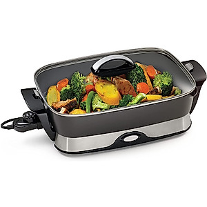 16-inch Electric Foldaway Nonstick Skillet - with Tempered glass cover & stay-cool handles allow skillet to double as a buffet server, black