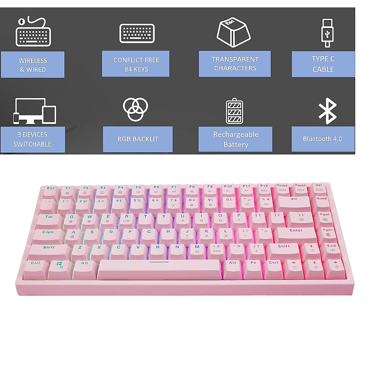 CQ84 Wireless Mechanical Keyboard 60%, Wired Bluetooth Gaming Keyboard, Brown Switches, RGB Backlit, Compact 84 Keys, for Windows Computer, Smartphone, Mac, Gamer, Office