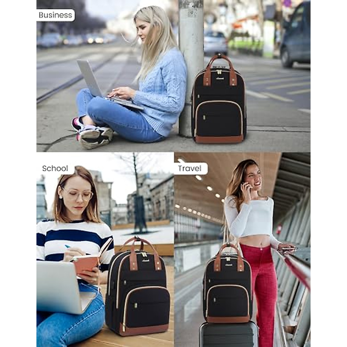 LOVEVOOK Laptop Backpack for Women, Large Capacity Travel Work Bags, Anti-theft Business Computer Backpacks Purse with 15.6 Inch Laptop Compartment, Casual Hiking Daypack, Black-Brown