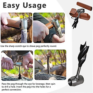 HQHG Bushcraft Hand Auger Wrench Survival Gear, Bushcraft Tools with Flint Scotch Eye, Wood Peg Multitool for Survival Settlers Wilderness Travel Camping Outdoor Shelter with Non-Slip Gloves