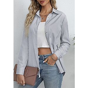 Diosun Womens Striped Button Down Shirts Classic Long Sleeve Stylish Collared Office Work Blouses Tops (Large, Grey)