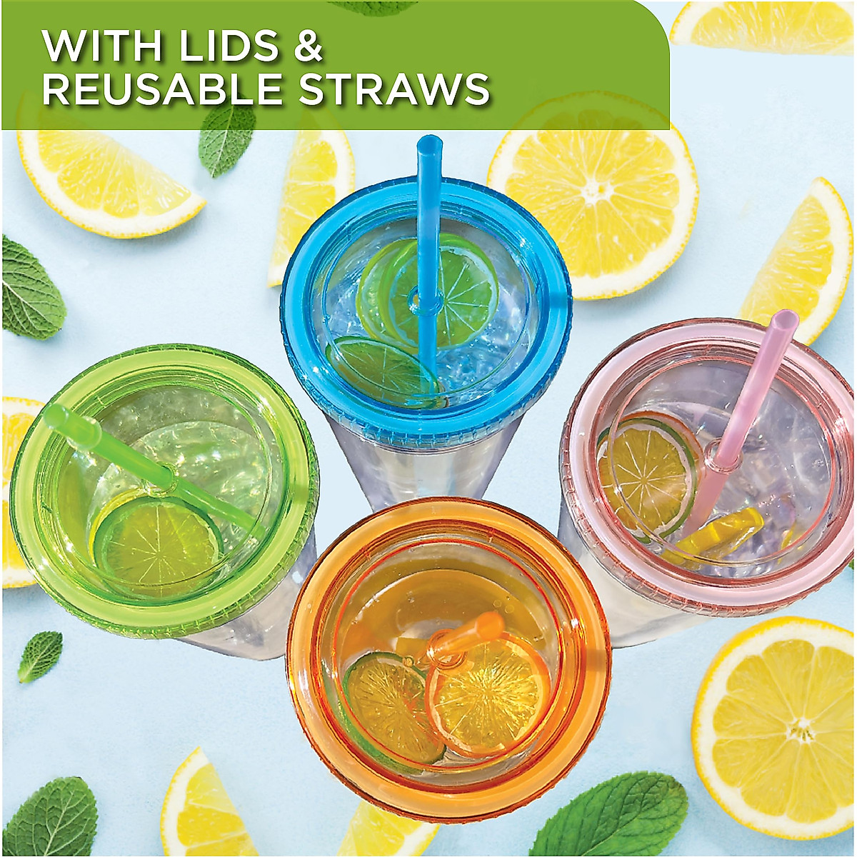Lily's Home Insulated Tumbler Cups with Straws and Lids, Double Wall Clear Acrylic Plastic. Perfect for Iced Coffee, Hot Drinks, Water. BPA Free. Multicolor lids - 4 Pack (32 oz, Clear)
