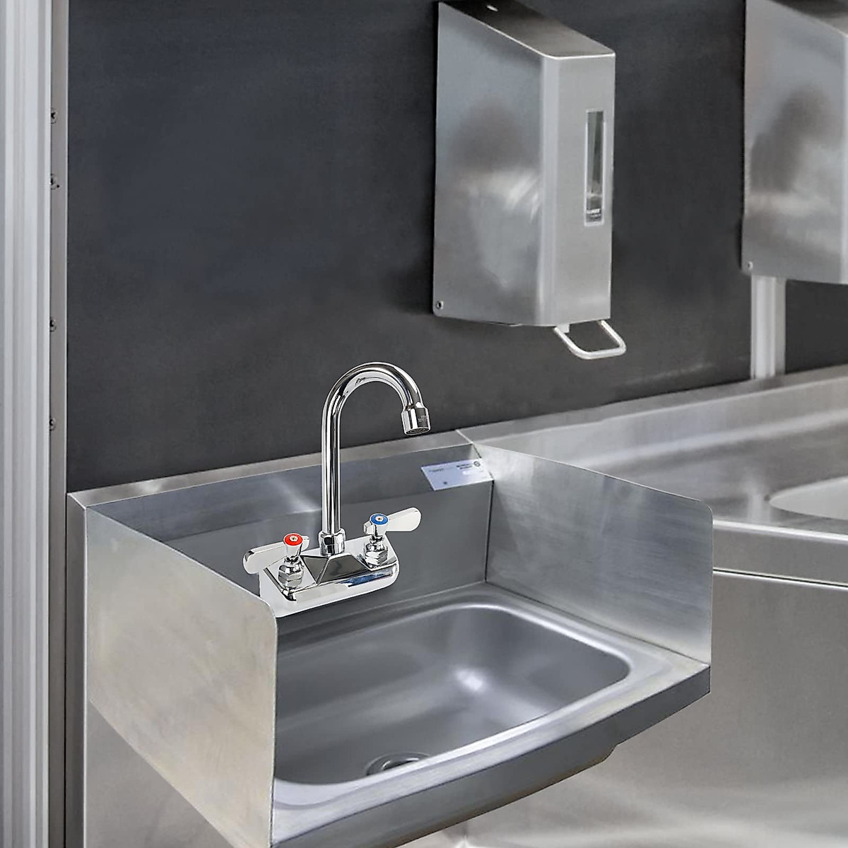 4 Inch Center Commercial Sink Faucet Wall Mount Kitchen Hand Sink Faucet, 1/2" NPT Male Inlet, Brass Constructed & Chrome Polished, with 3-1/2" Gooseneck Spout & Dual Lever Handles