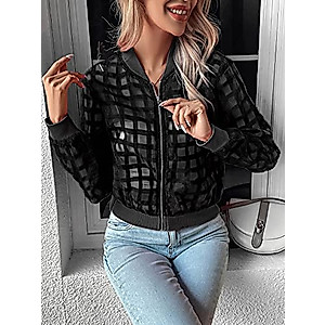 Floerns Women's Hollow Out Long Sleeve Baseball Collar Zip Up Bomber Jacket Black Plaid L