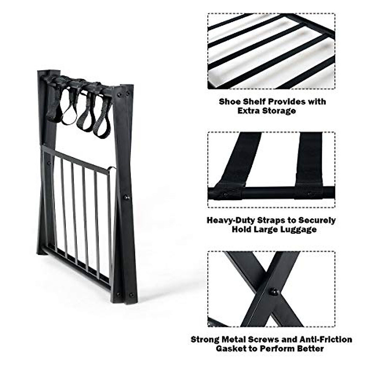 GOFLAME Folding Luggage Rack Metal Suitcase Luggage Stand for Home Bedroom Hotel with Shelf, Black