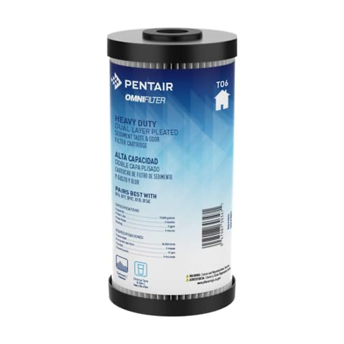 Pentair OMNIFilter TO6 Carbon Water Filter, 10-Inch, Whole House Heavy Duty Dual Layered Pleated Sediment and Carbon Wrap Taste & Odor Replacement Cartridge, 10" x 4.5", 5 Micron
