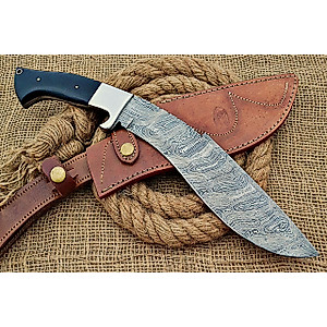 HUNTEX Handmade Hand-Forged Twist Pattern Damascus Steel 15 Inch Long Full Tang Natural Buffalo Horn Handle Razor Sharp Hunting Camping Kukri Knife w/Genuine Leather Sheath