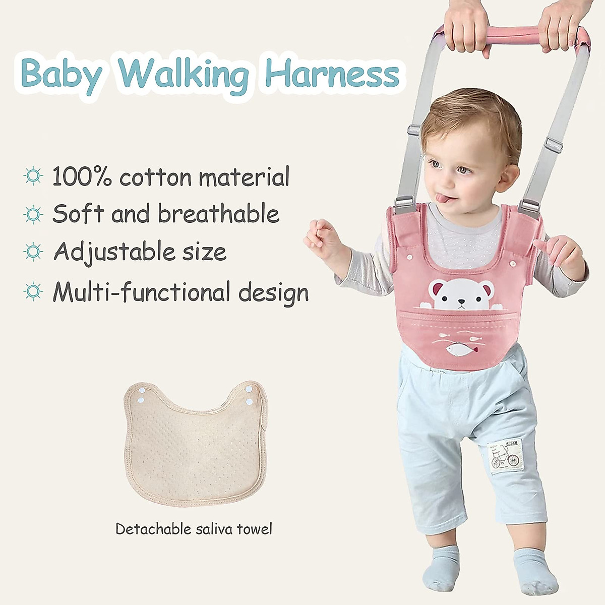 Ocanoiy Baby Walking Harness Handheld Baby Walker Assistant Belt Adjustable Toddler Infant Walker Safety Harnesses Standing Up and Walking Learning Helper with Detachable Crotch for 9-24 Month (Pink)