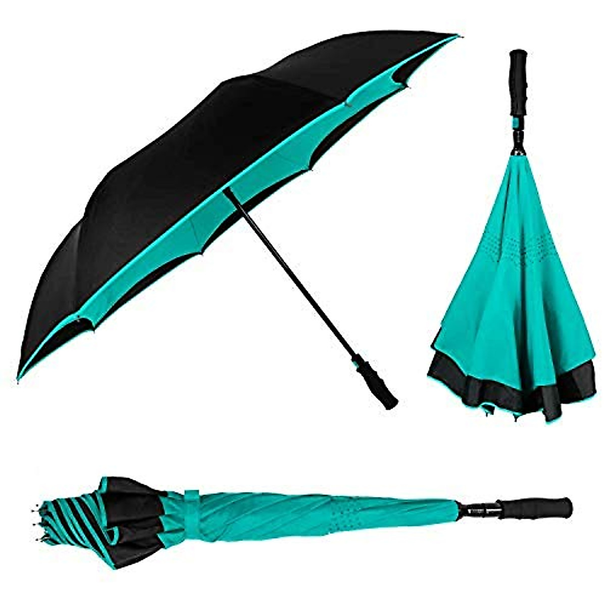 StrombergBrand Inversa Umbrella (Reversible Umbrella), Double Layer Large Windproof, Waterproof & Lightweight Inverted Umbrella For Women and Men, Self Standing Umbrella Reverse Close - Teal Blue