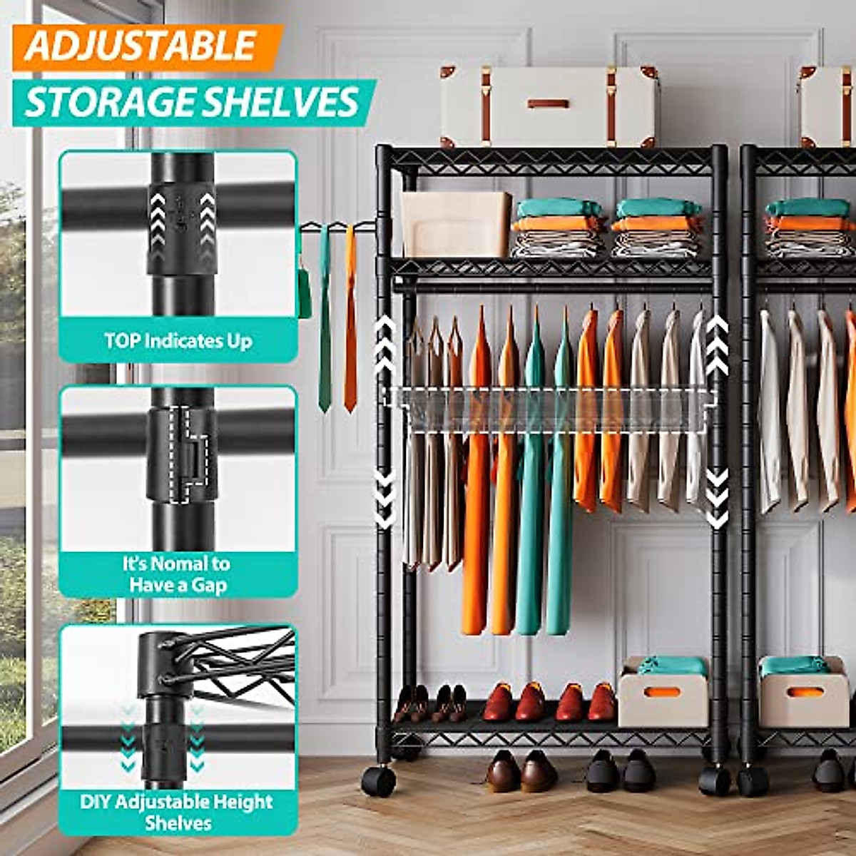 PUNION Heavy Duty Rolling Garment Rack,Portable Clothes Rack for Hanging Clothes,Clothing Rack,Wardrobe Storage Rack with 3 Shelves,1 Hang Rod,1 Side Hook,36" Lx18 Wx71 H, Max Load 500LBS, Black,GR1