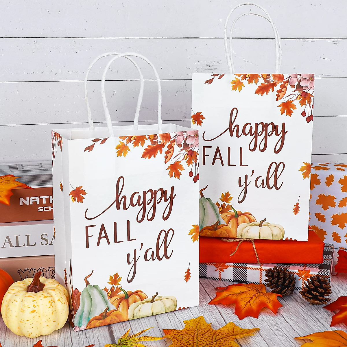 AnyDesign 16Pcs Happy Fall Y'all Gift Bags Autumn Maple Leaves Pumpkin Pattern Paper Bag with Handle for Thanksgiving Day Fall Themed Wedding Birthday Bridal Shower Party Favors, 5.9 x 8.3 x 3.2 Inch