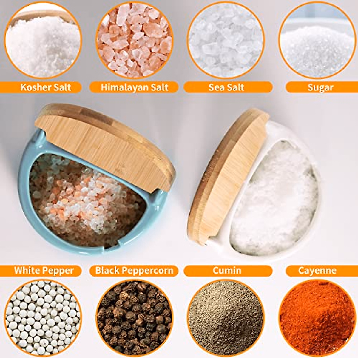 SOYESIN Salt Cellar with Labels, Ceramic Salt Container with Bamboo Lid and Spoon, Salt and Pepper Bowl for Home and Kitchen, Seasoning Box with Scoop for Sugar, Pepper, Spice, 9.43 OZ (273g) -White