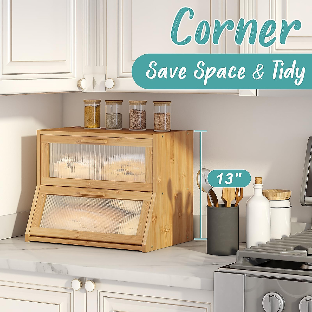 Vriccc Bread Box for Kitchen Counter, Large Bamboo Wooden Double Layer Large Capacity Bread Storage Bin with Acrylic Wavy Door Panel (Natural)