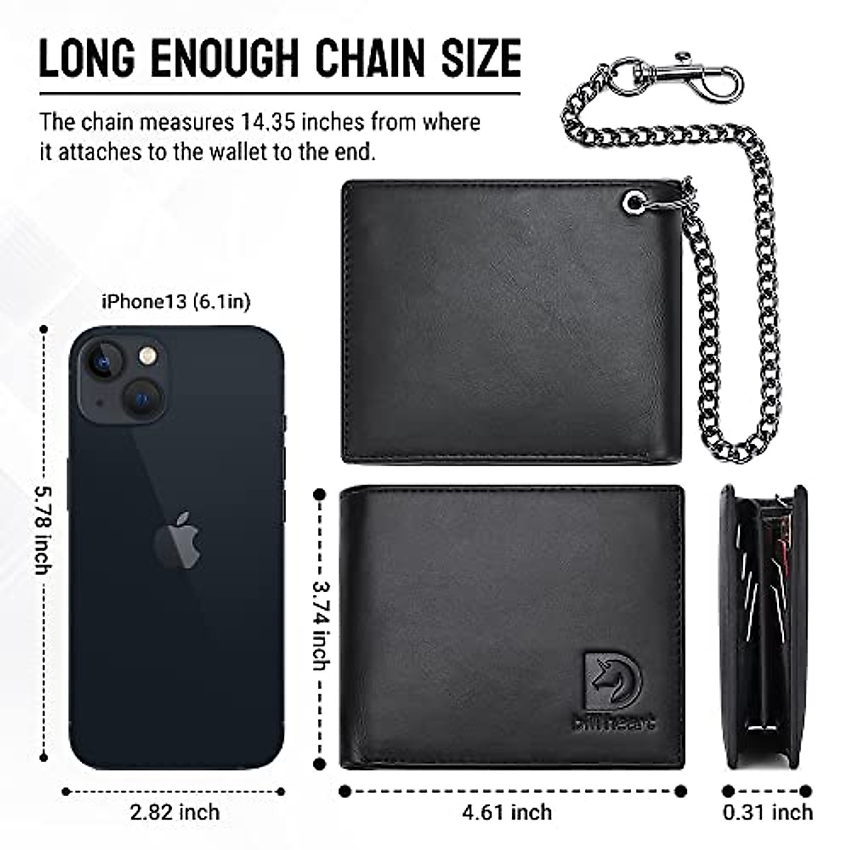 bill heart Chain Wallets for Men, RFID Blocking Genuine Leather Bifold Wallet with Sturdy Chain