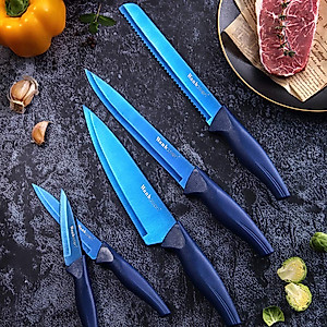 Wanbasion Navy Blue Kitchen Knives Block Set Professional, Stainless Steel Knife Set with Block, Knives Block Set with Knives Chef for Cooking