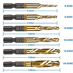 6 Packs Titanium Combination Drill & Taps Bit Set SAE 6-32nc 8-32nc 10-32nc 10-24nc 12-24nc 1/4-20nc.