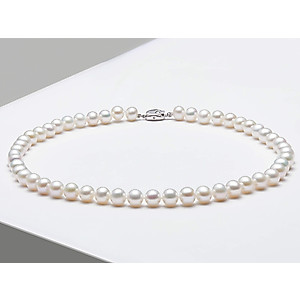 SWEETV 8.0-8.5mm Pearl Necklace for Women Round White Pearl Strand Necklaces in 18" Princess Length Sterling Silver Pearl Necklace for Anniversary Mother's Day