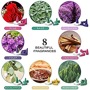 Incense Cones 120 Pcs, with Incense Holder, Mixed Natural Scents Deco Sandalwood Lavender Rose Sage Cinnamon Eucalyptus Rainforest Violet, 8 Assorted Boxes