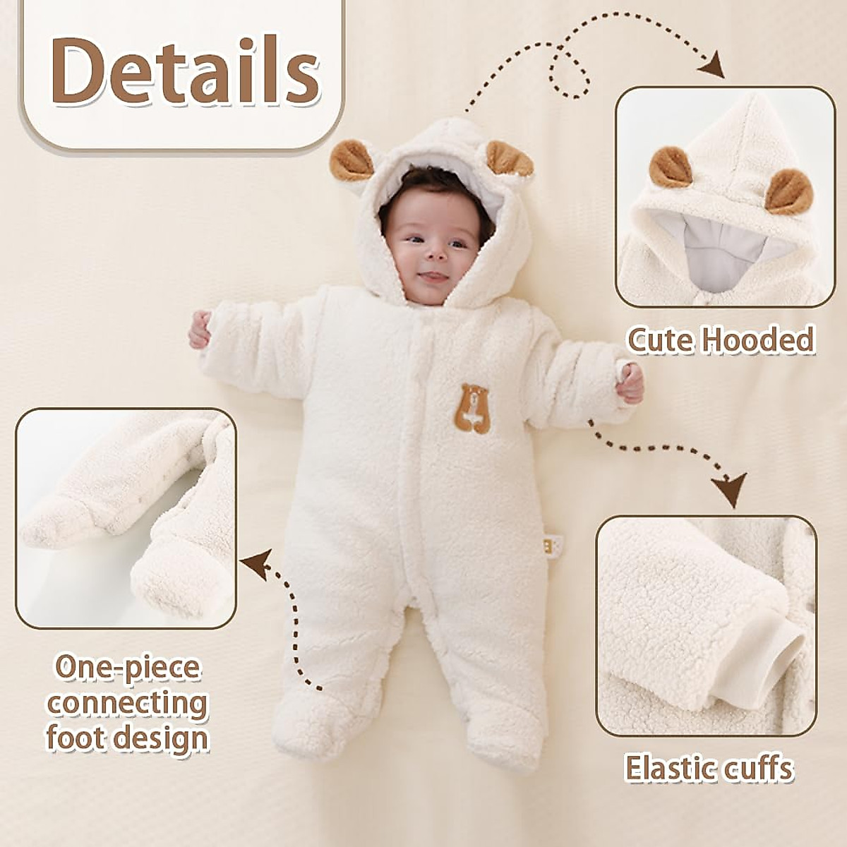 XIFAMNIY Newborn Fleece Footie Jumpsuit Hooded Warm Thicken Winter Outwear Snowsuit for Baby Girls and Boys