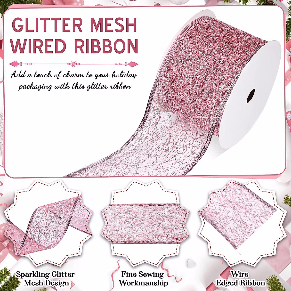 MTLEE 2 Rolls 20 Yards Valentine Ribbon Wired Pink Metallic Glitter Lace Ribbon for Xmas Crafts Floral Bow Making DIY Gift Wrapping Wedding Party Decor(2.5 Inch)