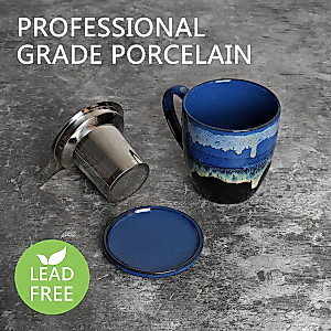 Bosmarlin Ceramic Tea Cup with Infuser and Lid, 16 Oz, 4 Color to Choose Dishwasher and Microwave Safe, Steeping Tea Mug with Strainer (Blue)