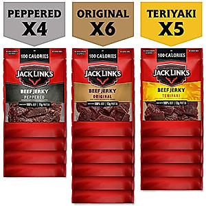 Jack Link's Beef Jerky Variety Pack - Includes Original, Teriyaki, and Peppered Beef Jerky - 96% Fat Free, No Added MSG- 1.25 Oz (Pack of 15)
