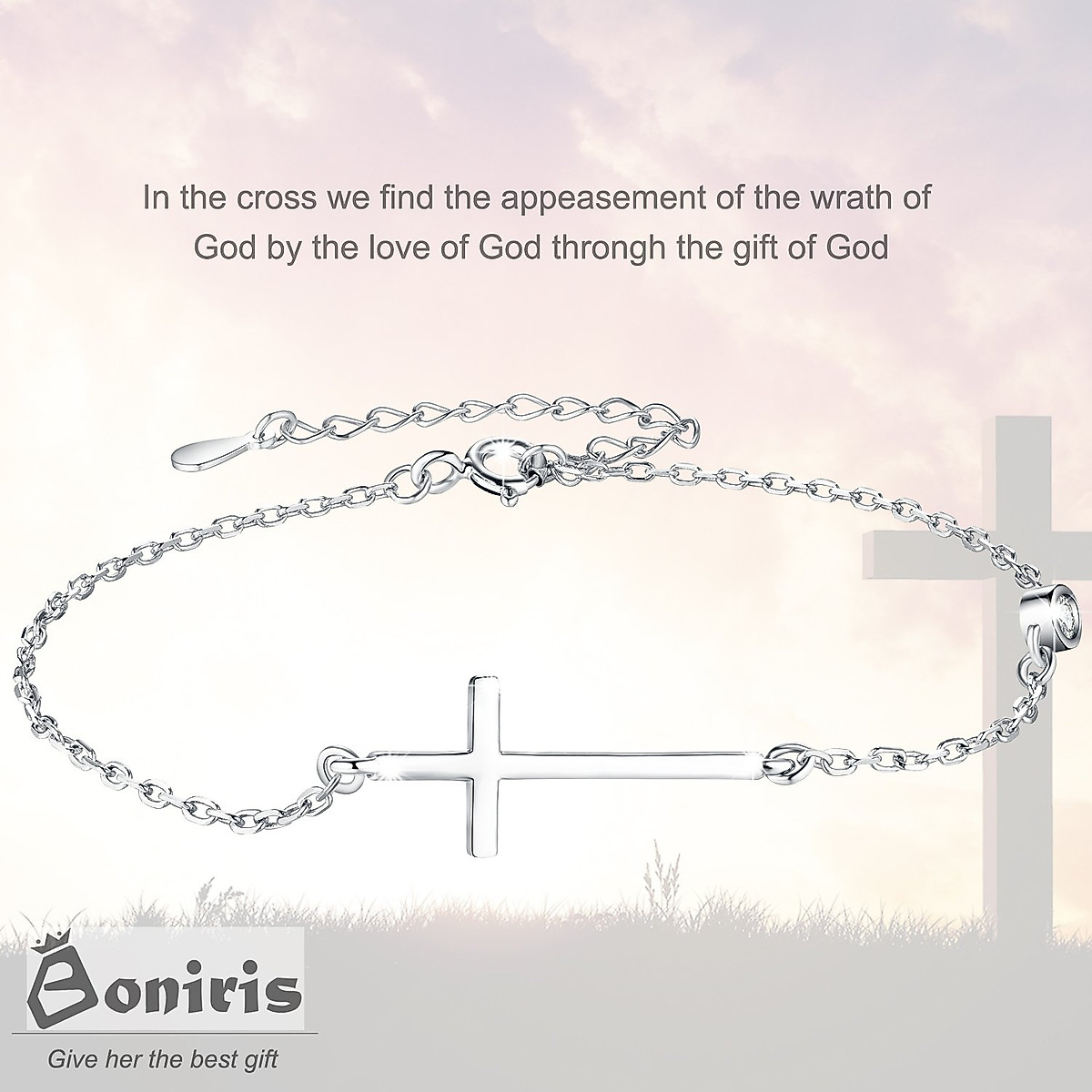 Boniris 925 Sterling Silver Cross Bracelet Womens in Good Faith CZ Chain Bracelet with Cross for Confirmation Anniversary Birthday