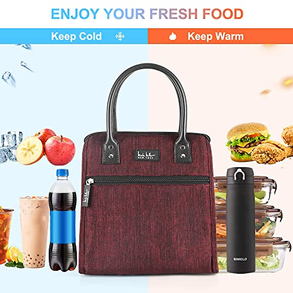 Nicole Miller Insulated Lunch Bag Tote Thermal Soft Side Wide-Open Cooler Ice Bag Lunch Box for Food with Drink Bottle Holder for Women, Men, Picnic, Boating, Beach, Fishing & Work