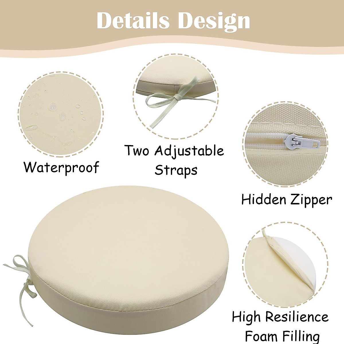 SK Studio Round Outdoor Chair Cushions for Patio Furniture, Set of 2 Waterproof Patio Chair Cushion with Adjustable Ties for Garden Sofa Couch, Dark Grey, 18"x18"x2"