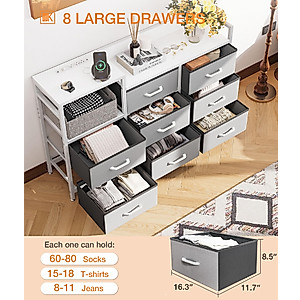 ODK Dresser with Charging Station, 52-Inch Long Dresser for Bedroom with 8 Storage Drawers, Fabric Dressers Chests of Drawers with Sturdy Steel Frame and Wooden Top, White and Light Grey