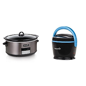 Crock-Pot Large 8 Quart Programmable Slow Cooker with Auto Warm Setting and Cookbook, Black Stainless Steel & Electric Lunch Box, Portable Food Warmer for On-the-Go, 20-Ounce, Black/Blue