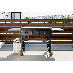 Megamaster 720-0786F Outdoor Portable Cooking 4-Burner Propane Gas Griddle Grill, Flat Top for Camping, Outdoor Cooking, Patio, Garden, Cart with Caster, Side Shelves with Hooks, Black and Grey